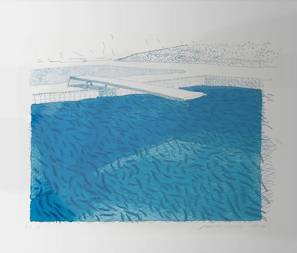 Lithographie de David Hockney, Lithograph of water made of lines sur ...